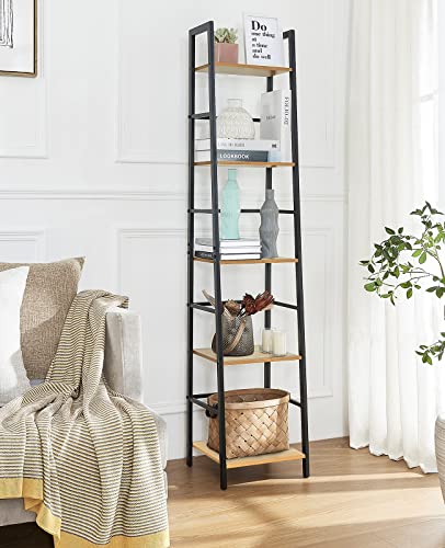 Pshelfy Bookshelf, 5-Tier Narrow Ladder Shelf Bookcase with Metal Frame, Freestanding Corner Rack Shelves for Small Spaces Display Storage Organizer Tall Skinny Shelf for Bedroom Living Room Kitchen