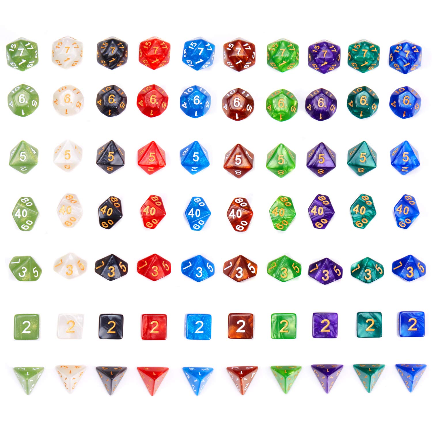 DND Dice Sets, 10 X 7 Sets (70 Pieces) Polyhedron Dice for Dungeons and Dragons RPG MTG D&D Tabletop Game with 1 Big Pouch D4 D8 D10 D12 D20