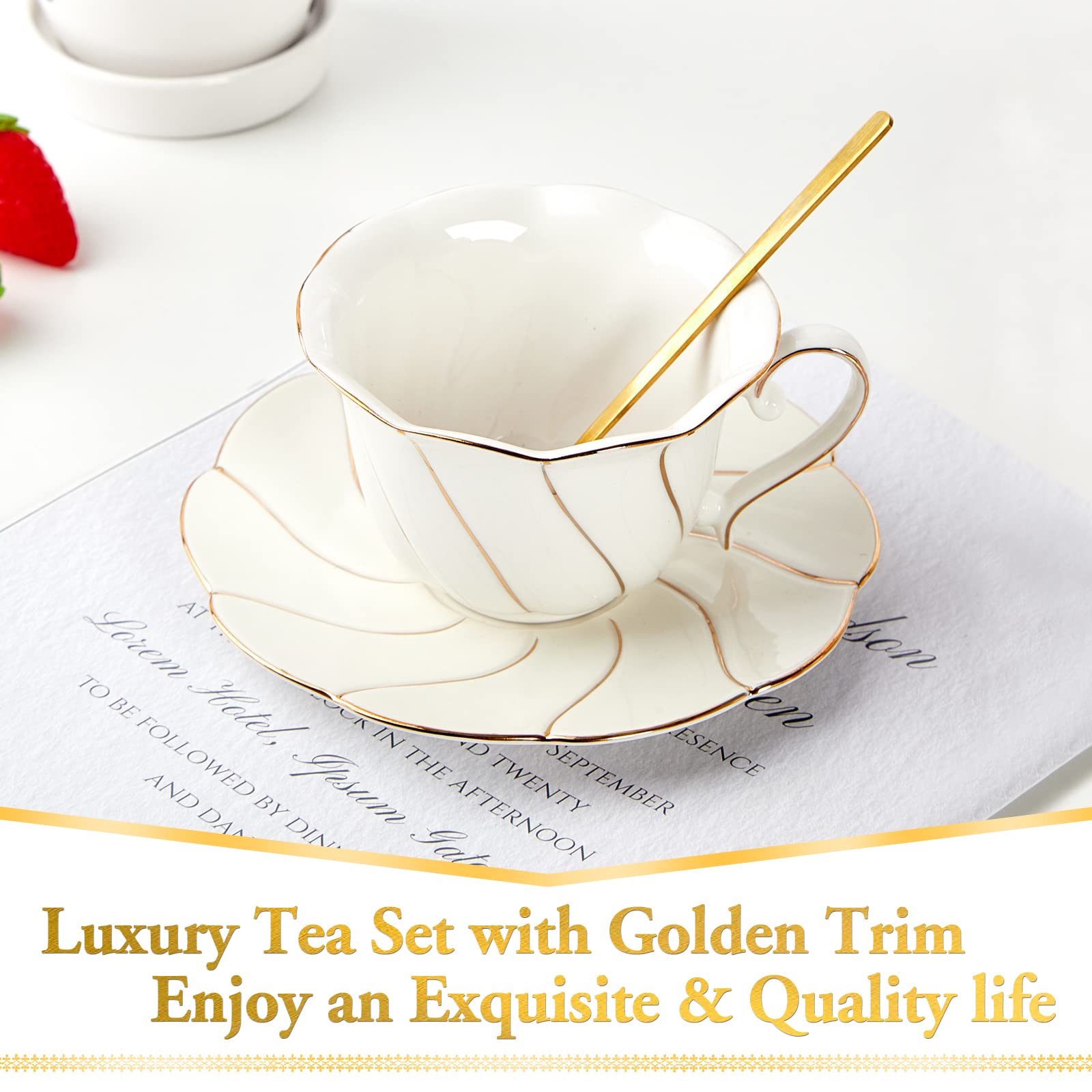 DUJUST 3 pcs Porcelain Tea Cup and Saucer Set with Tea Spoon, Luxury British Style Tea/Coffee Cup Set with Golden Trim, Beautiful Tea Set for Living Room Decoration & Tea Party