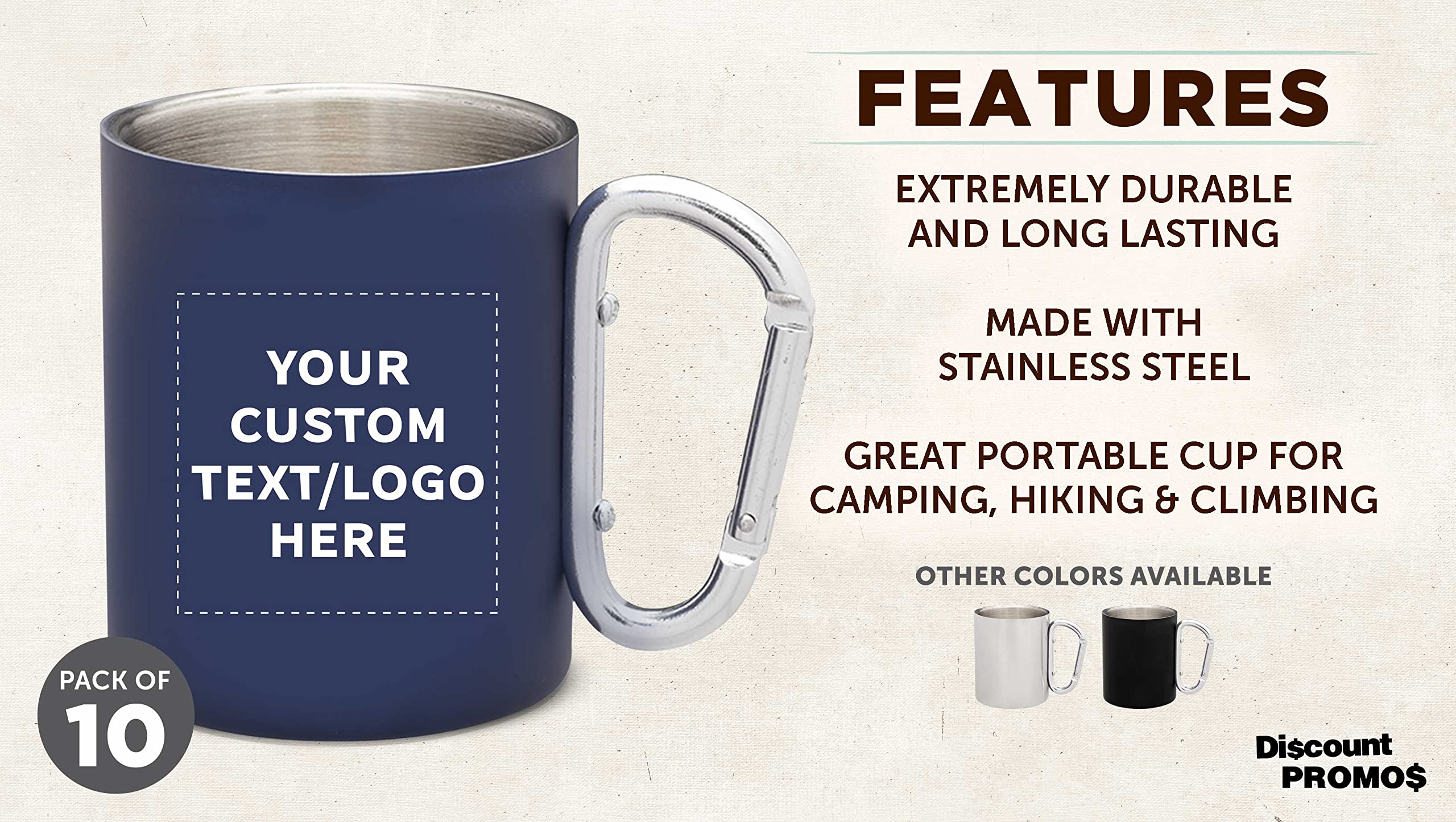 Custom Stainless Steel Mugs with Carabiner Handle 10 oz. Set of 10, Personalized Bulk Pack - Perfect for Coffee, Soda, Other Hot & Cold Beverages - Navy Blue