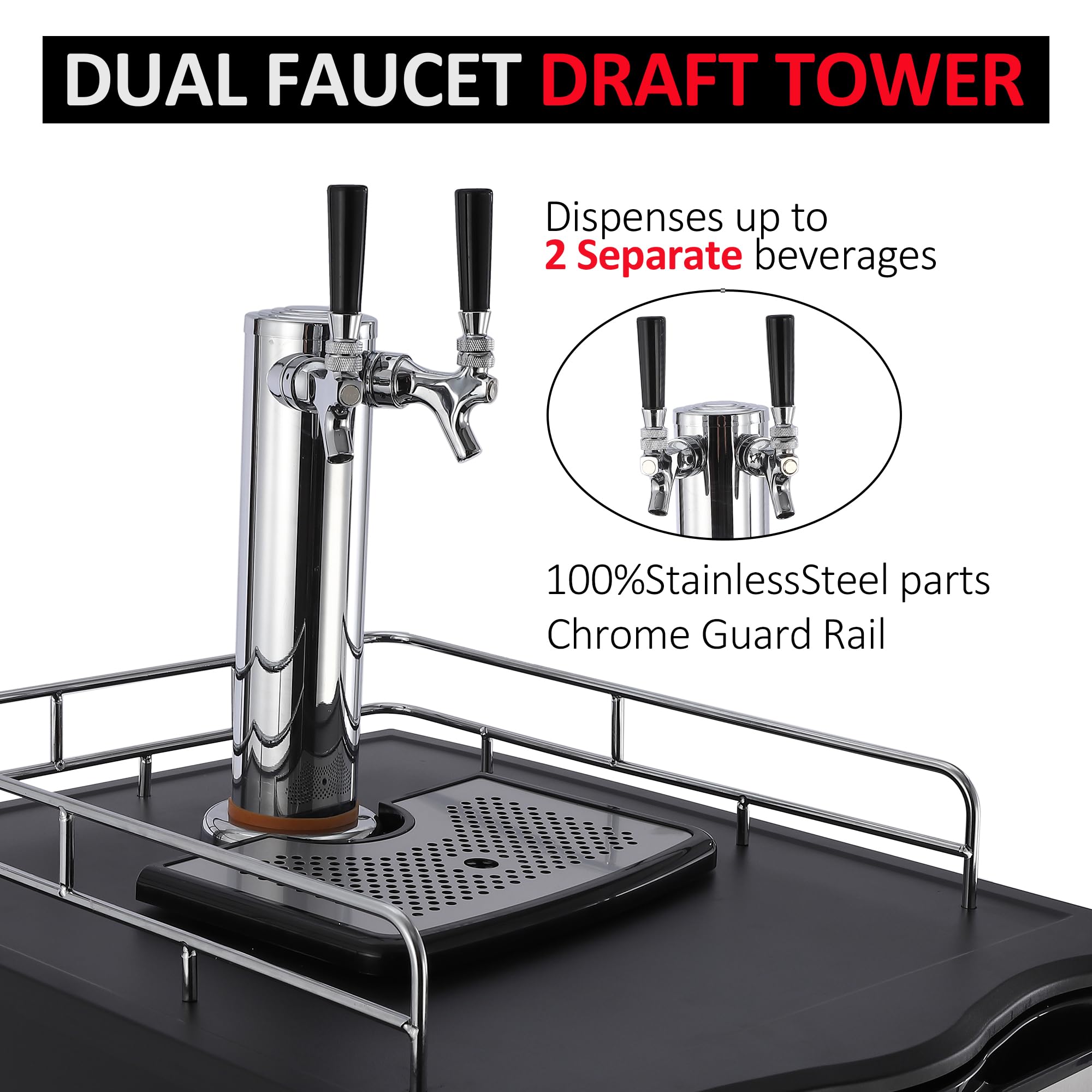 Kegerator and Keg Beer Cooler, Dual Tap Draft Beer Dispenser, Full Size Keg Refrigerator With Shelves, Stainless Steel, Drip Tray & Rail,silver
