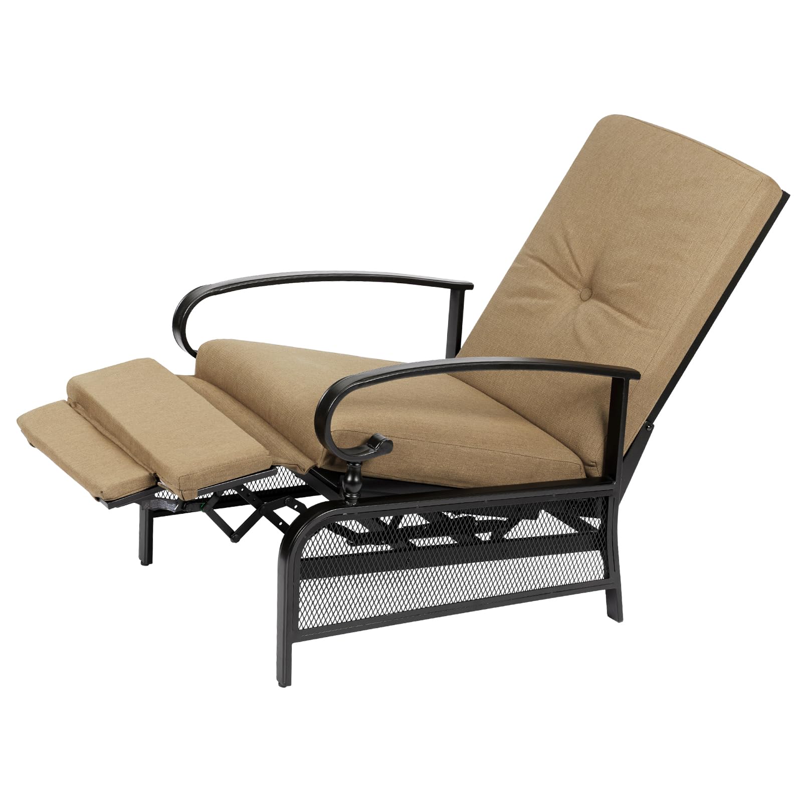 SOLAURA Outdoor Recliner Adjustable Backrest Lounge Chair with Black Metal Frame & Removable Cushions for Porch, Backyard, Pool or Garden (Beige)