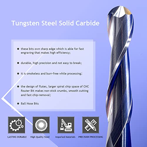 HOZLY for Wood Working Set Diameter 1mm 1.5mm 2.0mm 2.5mm 3.175mm Carbide Ball Nose End Mill CNC Engraving Router Bits Milling Cutter