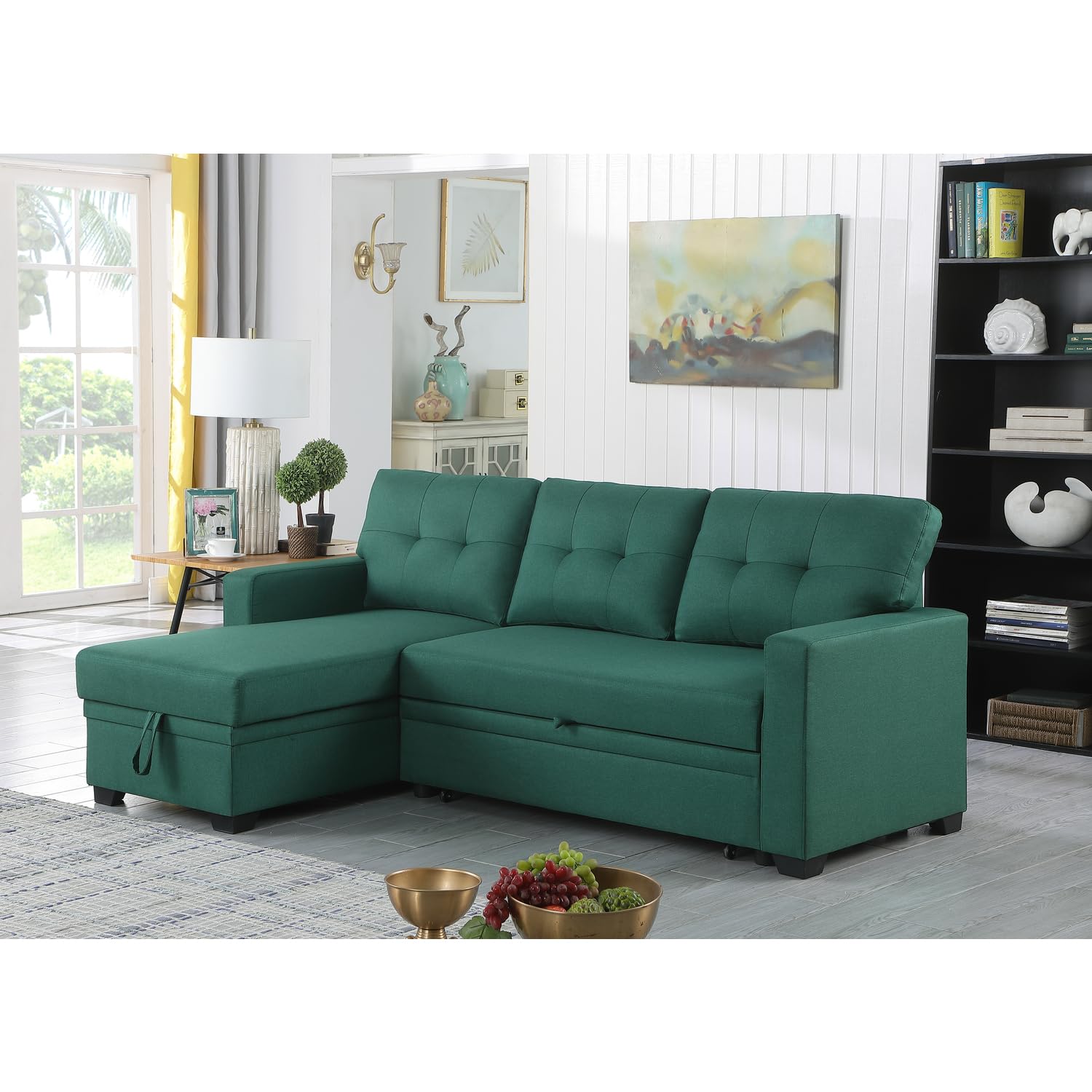 Devion Furniture L-Shaped Polyester Fabric Reversible, Easy Convertible Pull-Out Sleeper Sectional Sofa/Storage Chaise with Tufted Back Cushions and Track Arms in Green