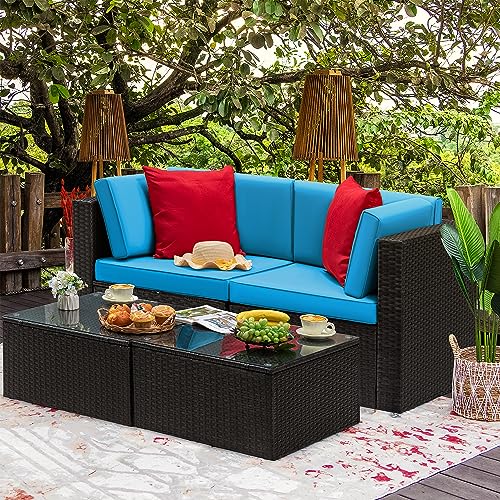 Devoko 4 Piece Patio Furniture Set PE Wicker Sectional Sofa Set Rattan Outdoor Conversation Set with Padded Cushions for Balcony, Backyard, Garden(4 Piece, Blue)