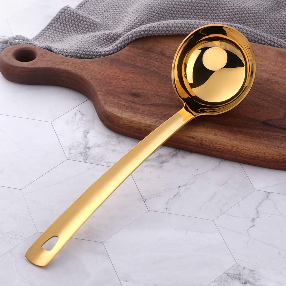 Gold Soup Ladle, BuyGo Large Serving Soup Spoon Stainless Steel Long Handle Soup Pan Ladle for Cooking, Stirring, Dishwasher Safe, 11.81 inches