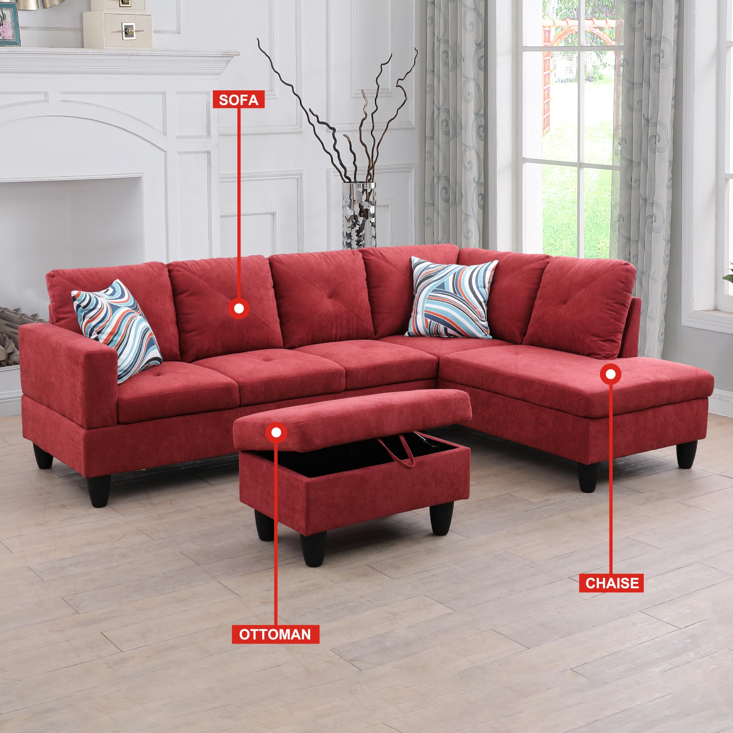 LOPOO 3-Piece 97.5'' L-Shaped Sectional Sofas with 66.5'' Chaise Lounge and Storage Ottoman, Flannelette Modular Large Living Room Couches for Home Office, Living Furniture Right Hand Facing (Red)
