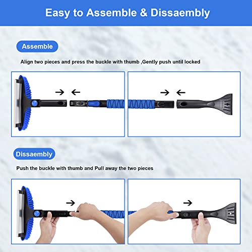 TESSONO Ice Scraper for Car Windshield, Extendable Snow Brush with 270° Pivoting Brush Head,3-in-1 Car Snow Scraper and Brush with Ergonomic Foam Grip for Car Windshield, Trucks, SUVs (Blue)