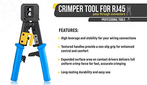 EMS RJ45 Crimp Tool Kit, With 50 Cat6 Pass Through Connectors and 50 Clear Cable Strain Relief Boots + Extra blades - EZ Cut, Strip, Crimp Ethernet Cables