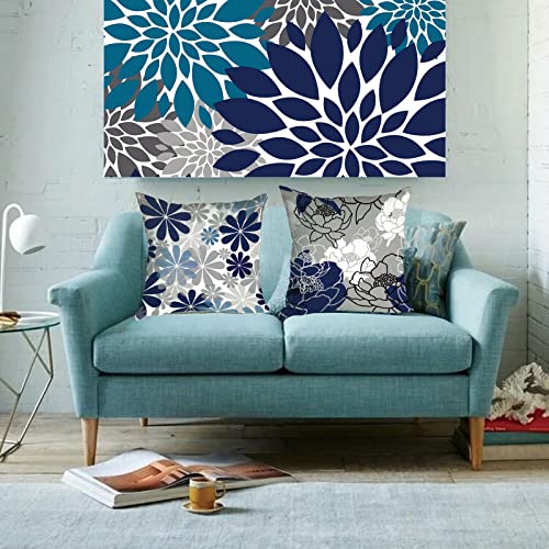 Set of 4 Decorative Throw Pillow Covers 18x18 Blue and Grey Modern Daisy Floral Pillow Covers for Living Room Farmhouse,Modern Simple Boho Cushion Bed Outdoor Home Decor