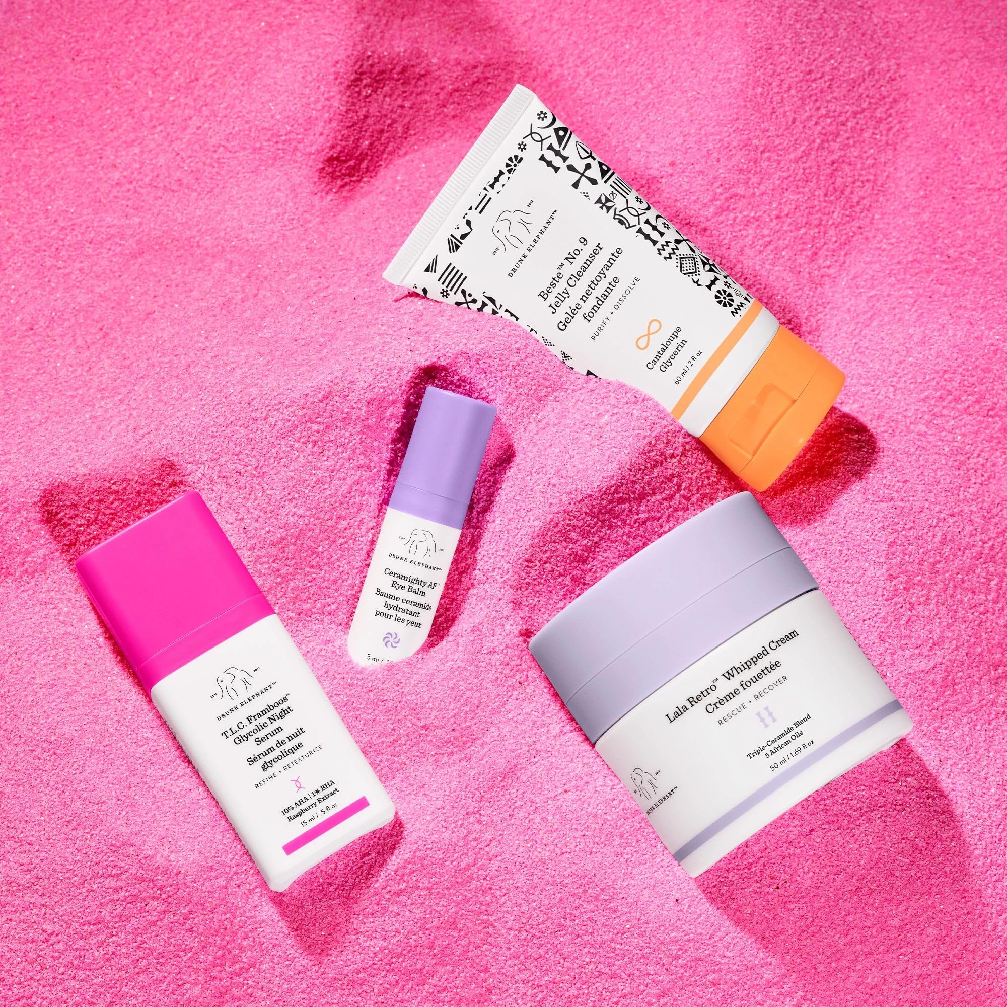 Drunk Elephant Wild Night: The Evening Kit: includes Lala Retro Whipped Cream, T.L.C. Framboos Glycolic Night Serum, Ceramighty AF Eye Balm, and Beste No. 9 Jelly Cleanser