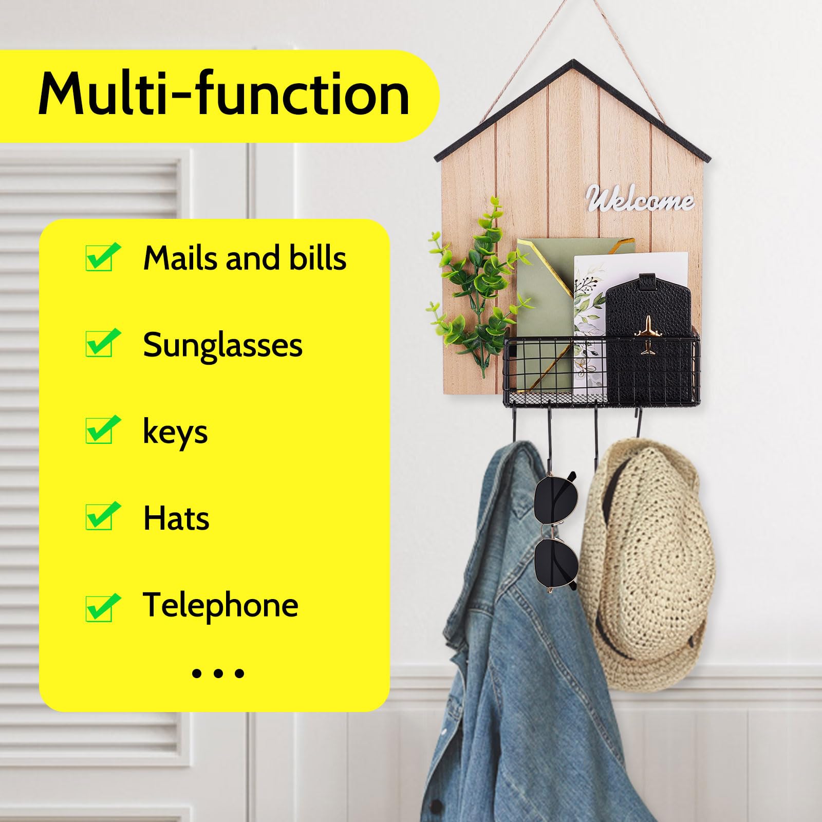 LORDLDS Key Holder for Wall Decorative, Farmhouse Mail Organizer Wall Mounted with 4 Removable S-Hooks for Entryway, Hallway, Kitchen, Living Room, Office (Eucalyptus)