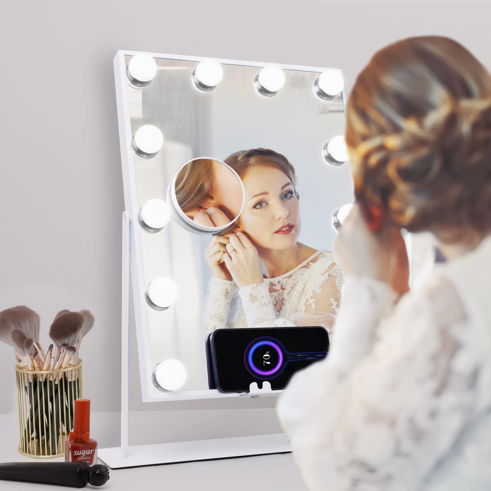 Leishe Vanity Mirror with Lights and Bluetooth Speaker, Lighted Makeup Mirror with Wireless Charging and 12 LED Dimmable Bulbs, 3 Light Modes, Detachable 10x Magnification (White)