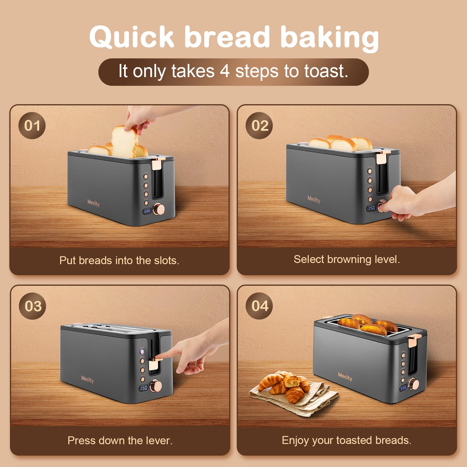Mecity 4 Slice Toaster, Long Slot Toaster With Warming Rack, Bagel/Defrost/Reheat Functions,Warming Rack, Crumb Tray, 6 Browning Settings, Extra Wide Long Slots, Stainless Steel, 1300W,Grey