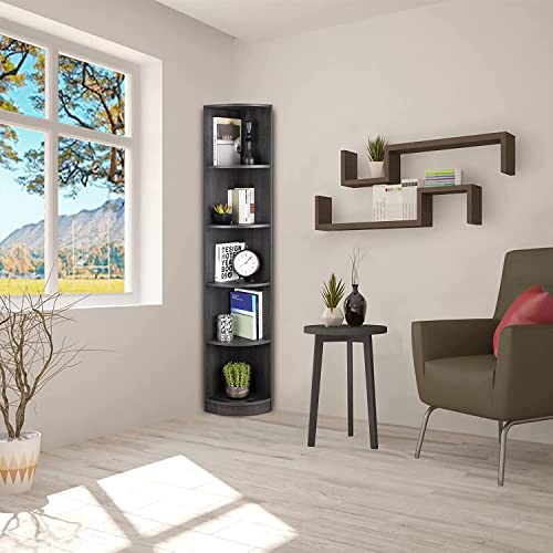 ICE ARMOR 5 Tier Corner Bookcase Wooden Display Bookshelf Storage Rack Multipurpose Shelving Unit for Living Room Home Office in Black Finish, (99JET100-2022-15)