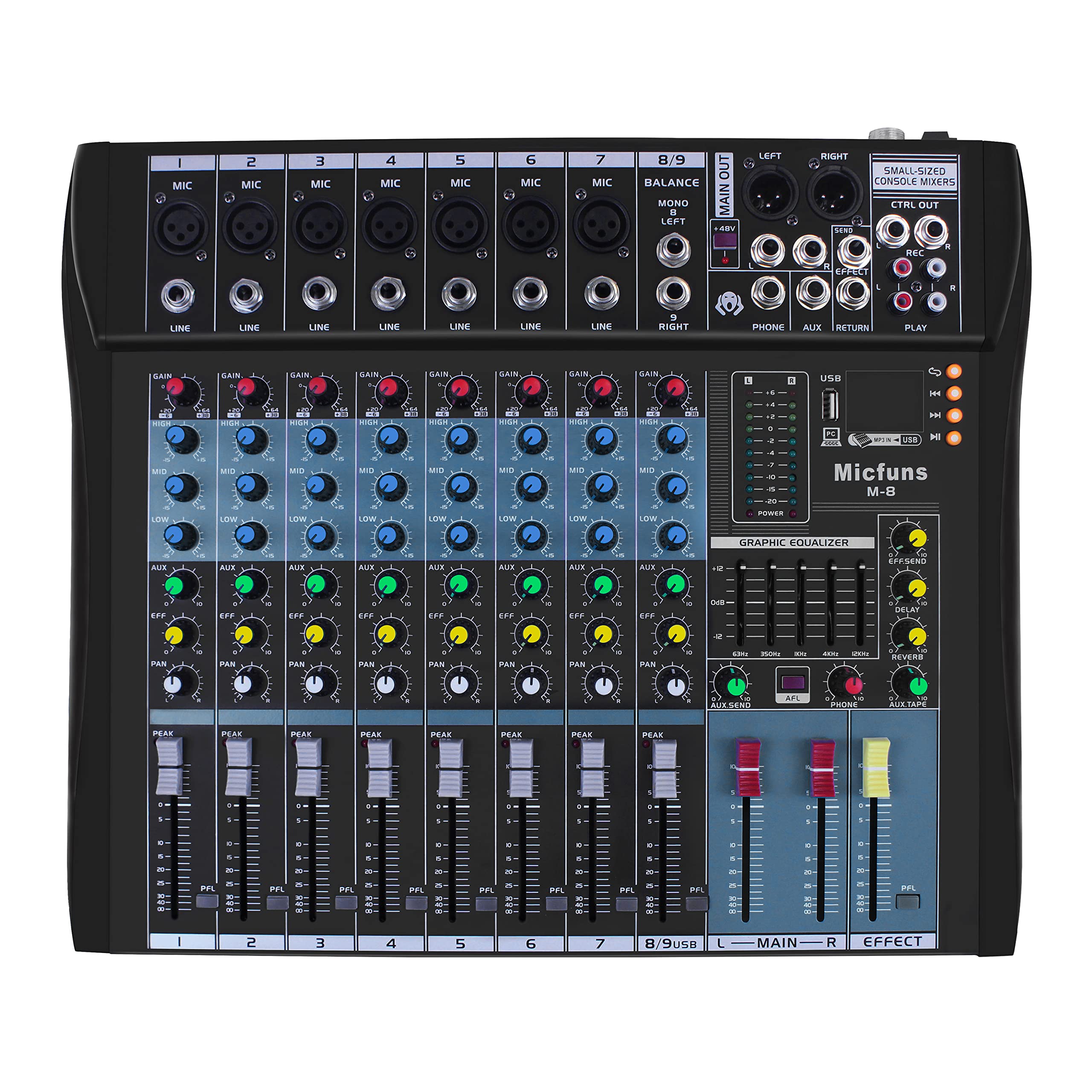 DJ Console Mixer Micfuns 8 Channel with Sound Board USB Bluetooth Audio Interface 48V Phantom Power Mixer Use for DJ Studio PC Recording Singing Webcast Party