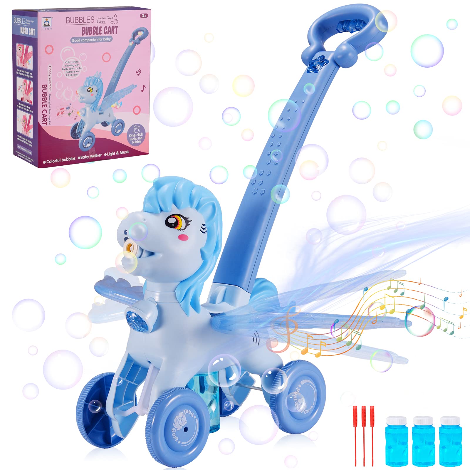 ZAYOR Bubble Machine for Kids,Fun Cute Horse Bubble Mower with Music Lights,Summer Outdoor Push Toy for Beach,Garden,Park,Lawn Game,Preschool Baby Toddler Birthday Toys Gifts for Boys 3-8 Year Old