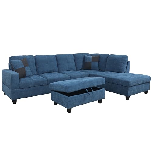 LostCat 103" W Sectional Couches for Living Room Couch Set, Modular Sectional Sofa for Living Room Furniture Sets, L Shaped Couch with Storage Ottoman, Flannel Modular Couch Sofa Set, Blue