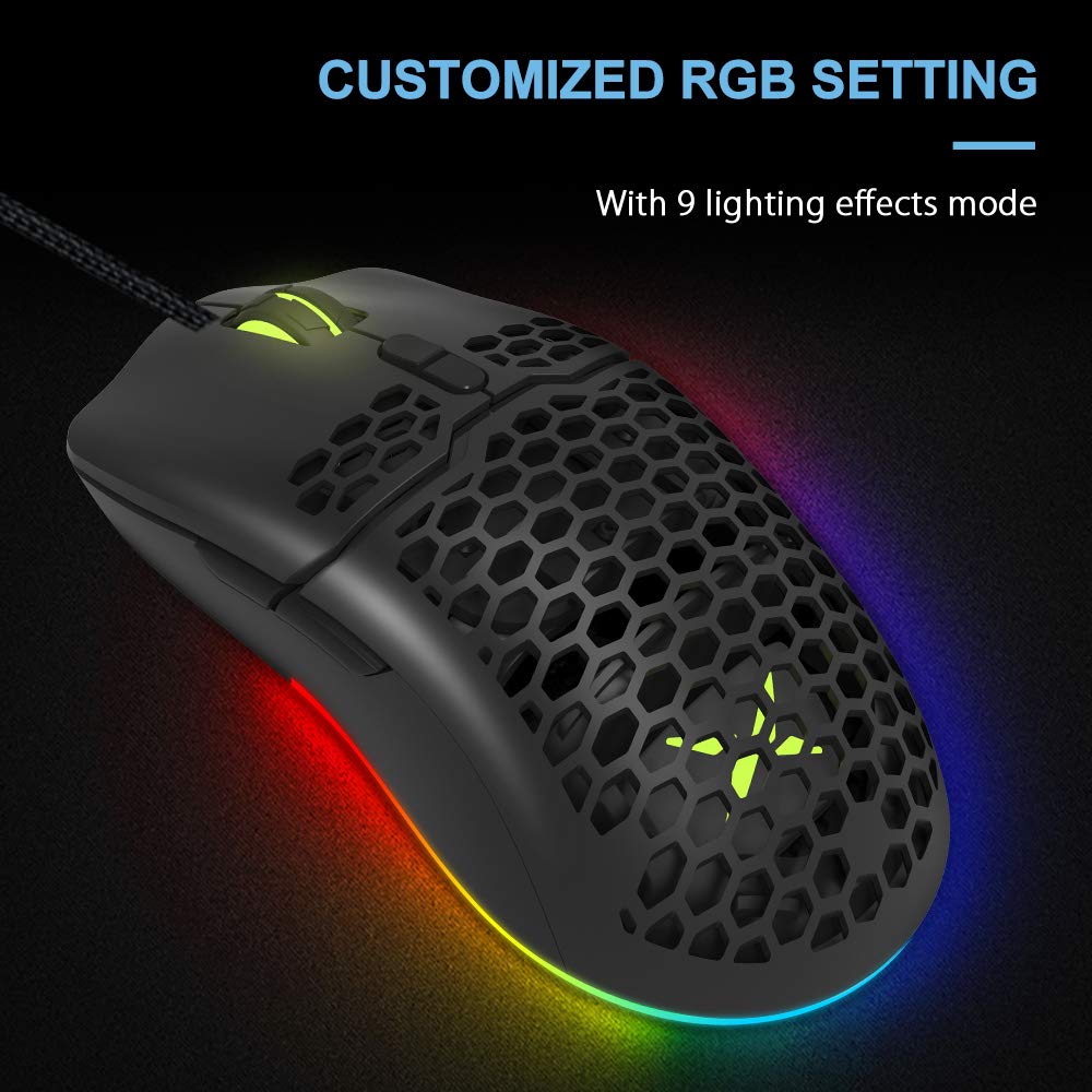DeLUX 67G (2.36oz) Wired Lightweight Gaming Mouse with 7200DPI, 1000Hz Polling Rate, RGB Backlit and 7 Programmable Buttons, Honeycomb Gaming Optical Mouse for PC Gamer(M700BU(A725)(Black))