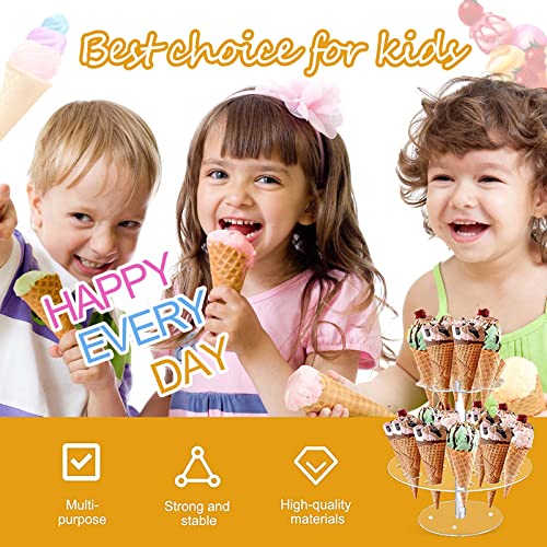 Ice Cream Cone Holder 2-Tier, 24-Cavity Round Clear Acrylic Waffle Cone Display Stand Baby Showers Birthday Parties Weddings Anniversaries Christmas Halloween Candy Decorative