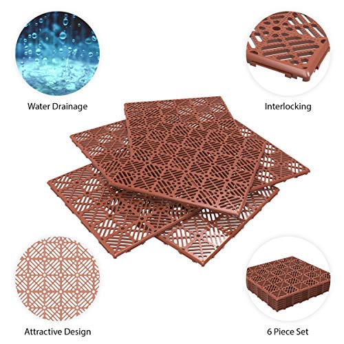 Pure Garden 50-147 Multipurpose Indoor/Outdoor Flooring Interlocking Tiles for Patio, Deck, Garage-6 Pc, Set of 6, Terracotta (Pack of 2)