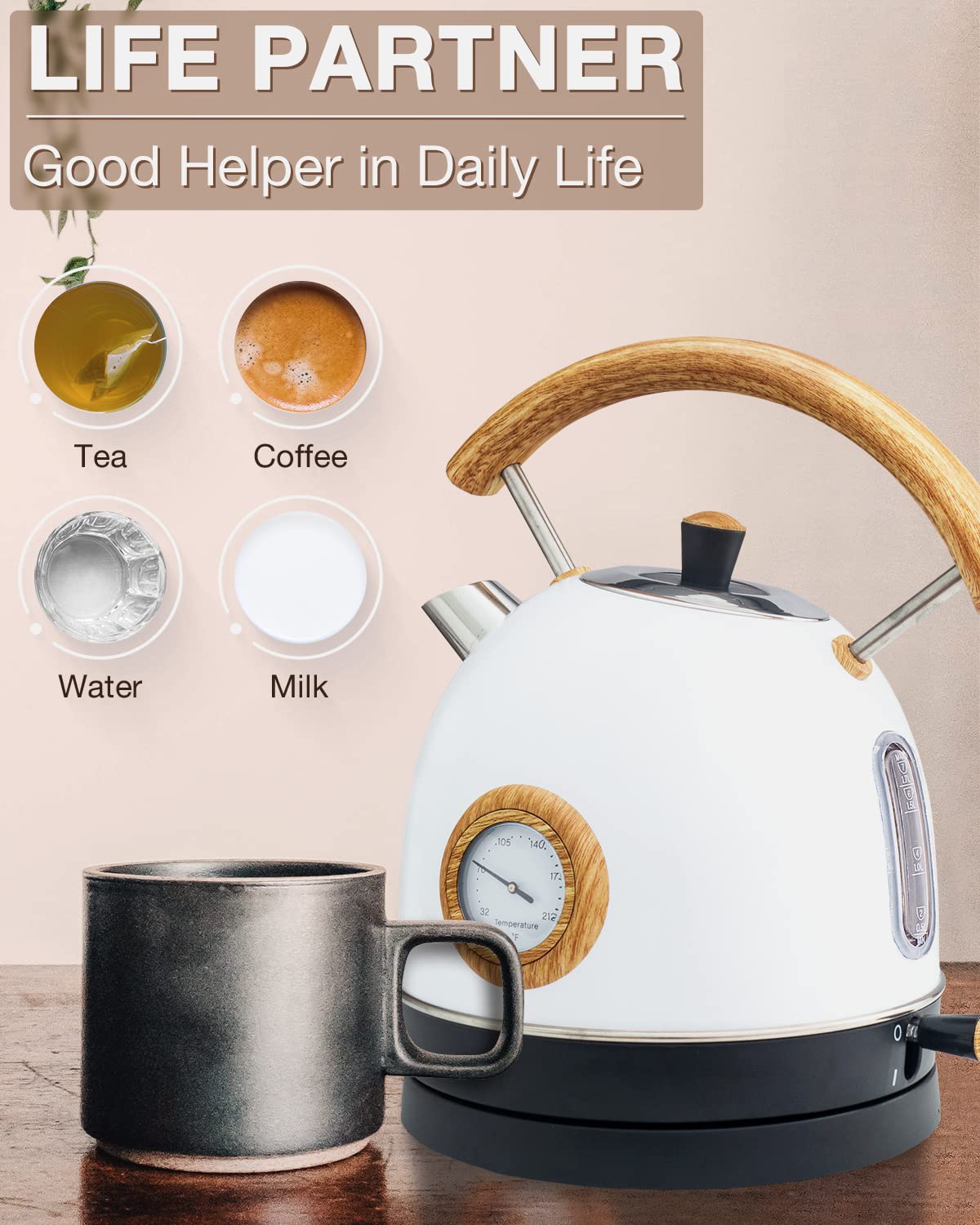 Electric Tea Kettle, Hot Water Boiler with Thermometer 1.7 Liter Stainless Steel Teapot, BPA Free, 1500W, SMOLON Wood Pattern Handle Pour-Over Electric Kettle with LED Indicator Auto Shut-Off, White