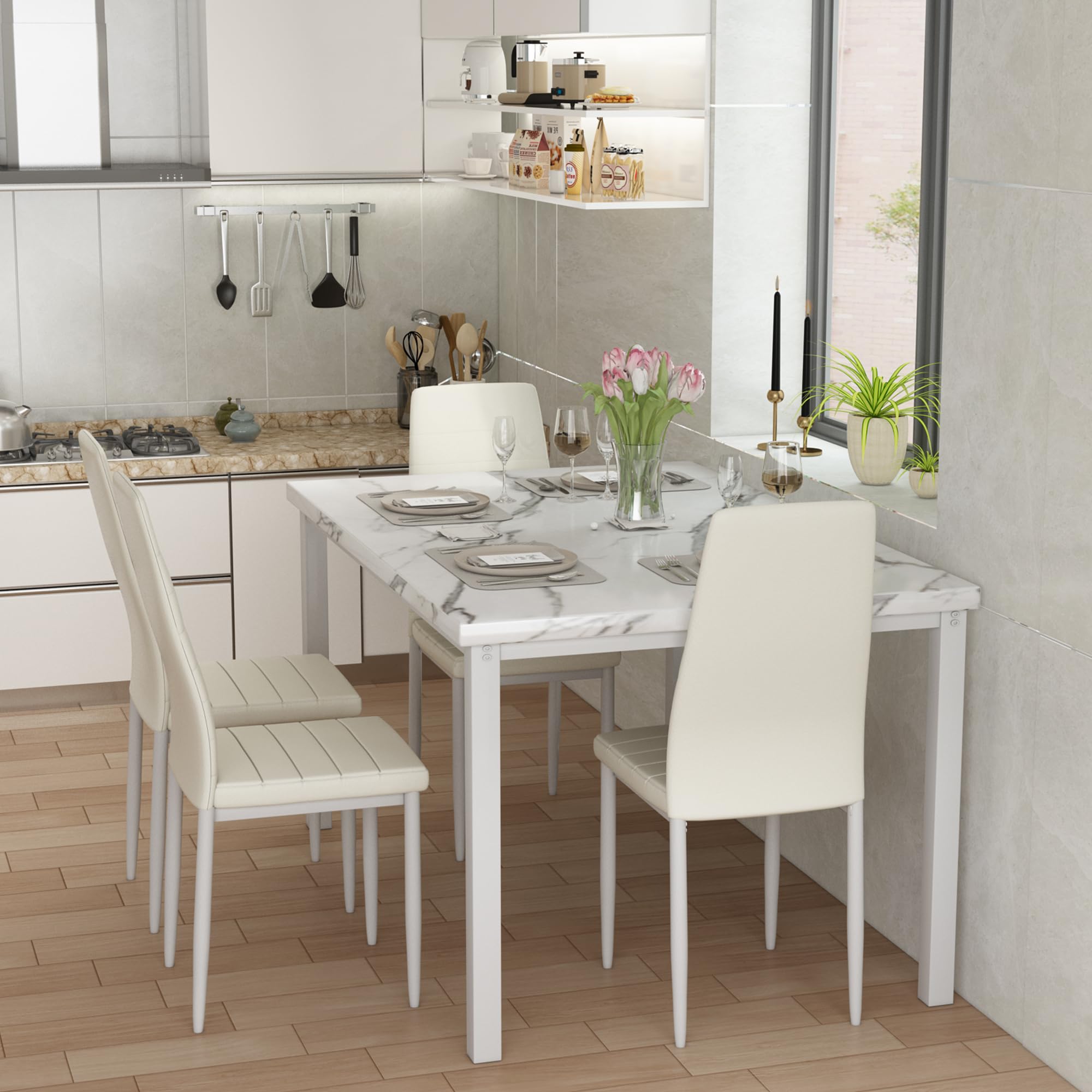 DKLGG Dining Table Set for 4, 5 Piece Kitchen Table Set with PU Leather Chairs Space-Saving Faux Marble Dining Room Table Set for 4 for Small Home Kitchen, Apartment