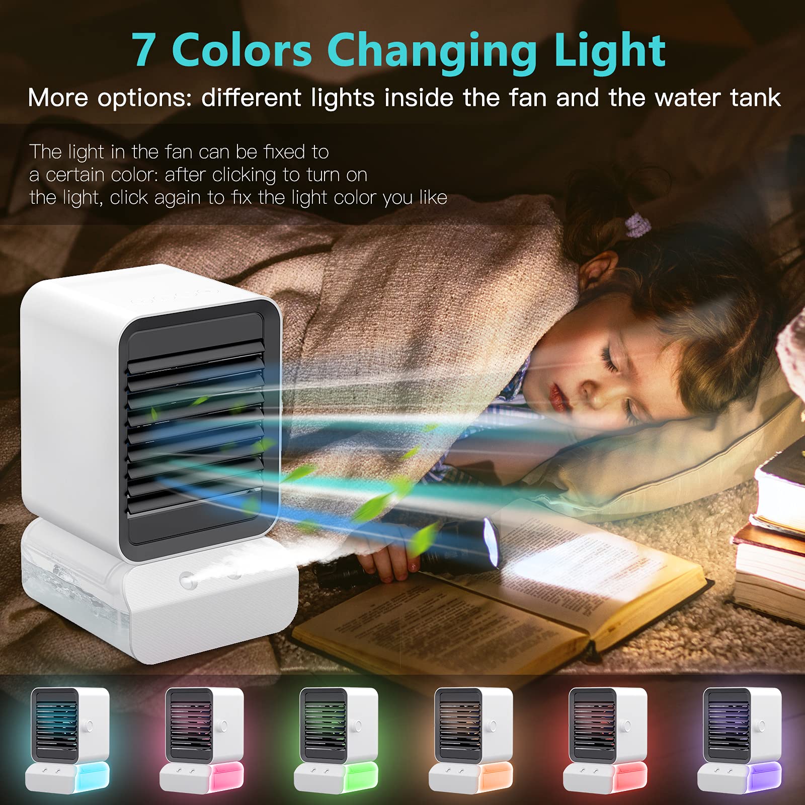 ZEBRE Portable Air Conditioner Fan, Personal Air Cooler, Evaporative Air Cooler Purifier Misting Fan with 7 Colors LED Lights & 3 Speeds for Home Room Office