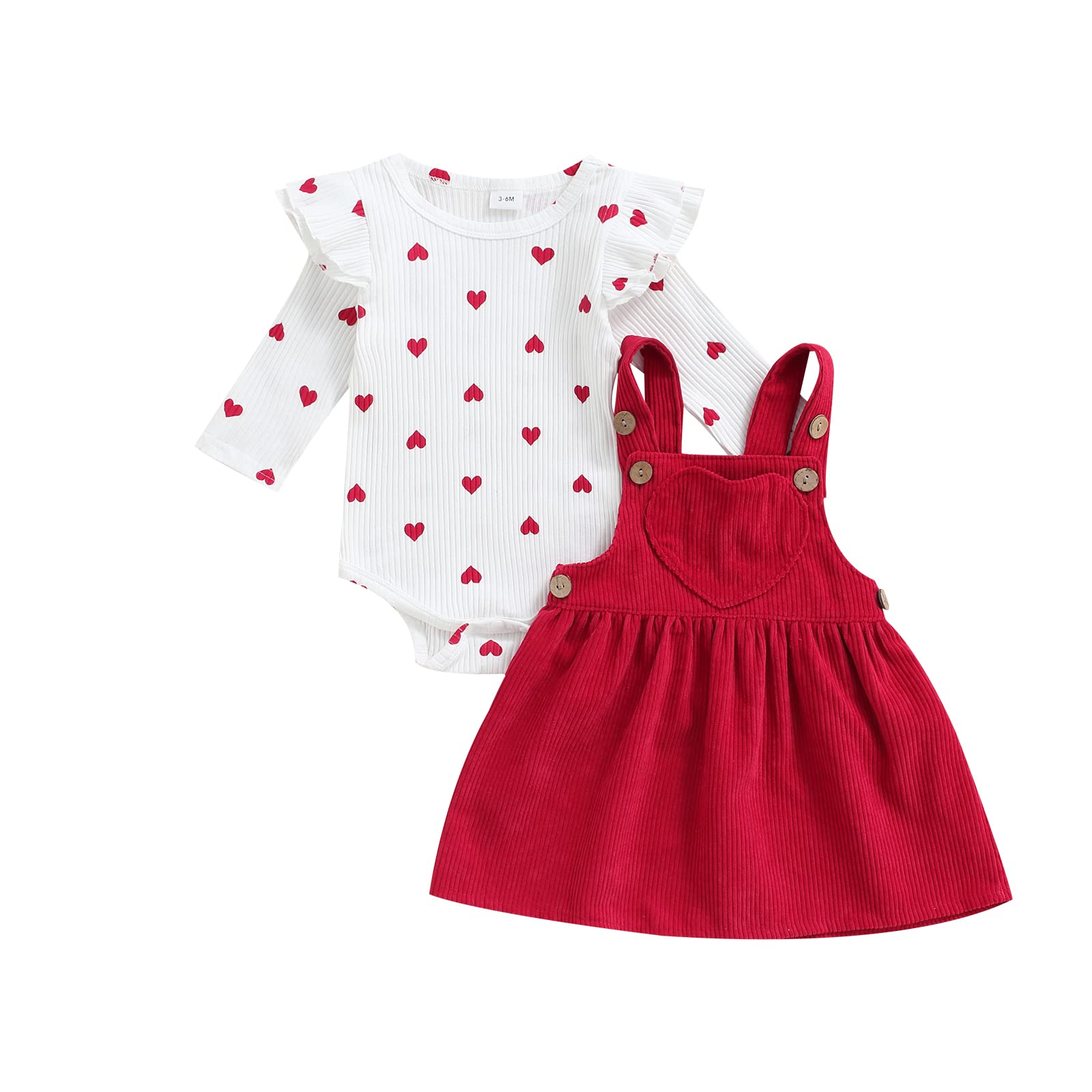 RSRZRCJ Newborn Baby Girl Valentines Day Outfit Long Sleeve Heart Print Bodysuit Romper Top Suspender Overall Skirt 2PCS Set (Ruffle White+Red, 12-18 Months)