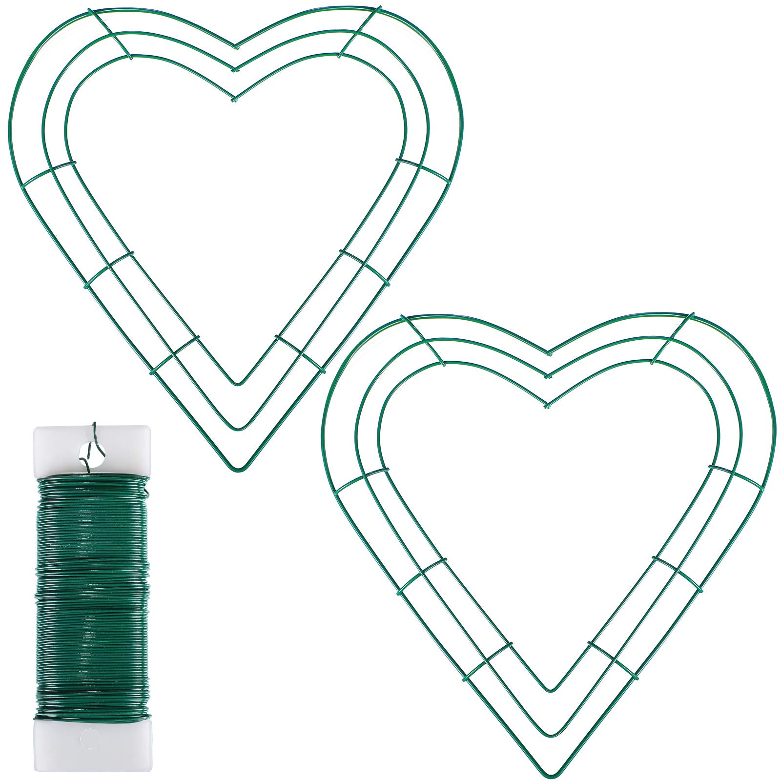WILLBOND 2 Pack 12 Inch Heart-Shaped Wire Wreath Rings Garden Heart Dark Green Metal Wreath Frame with 115ft Green Flexible Paddle Wire Florists Wire for New Year Valentines Home Party Decoration