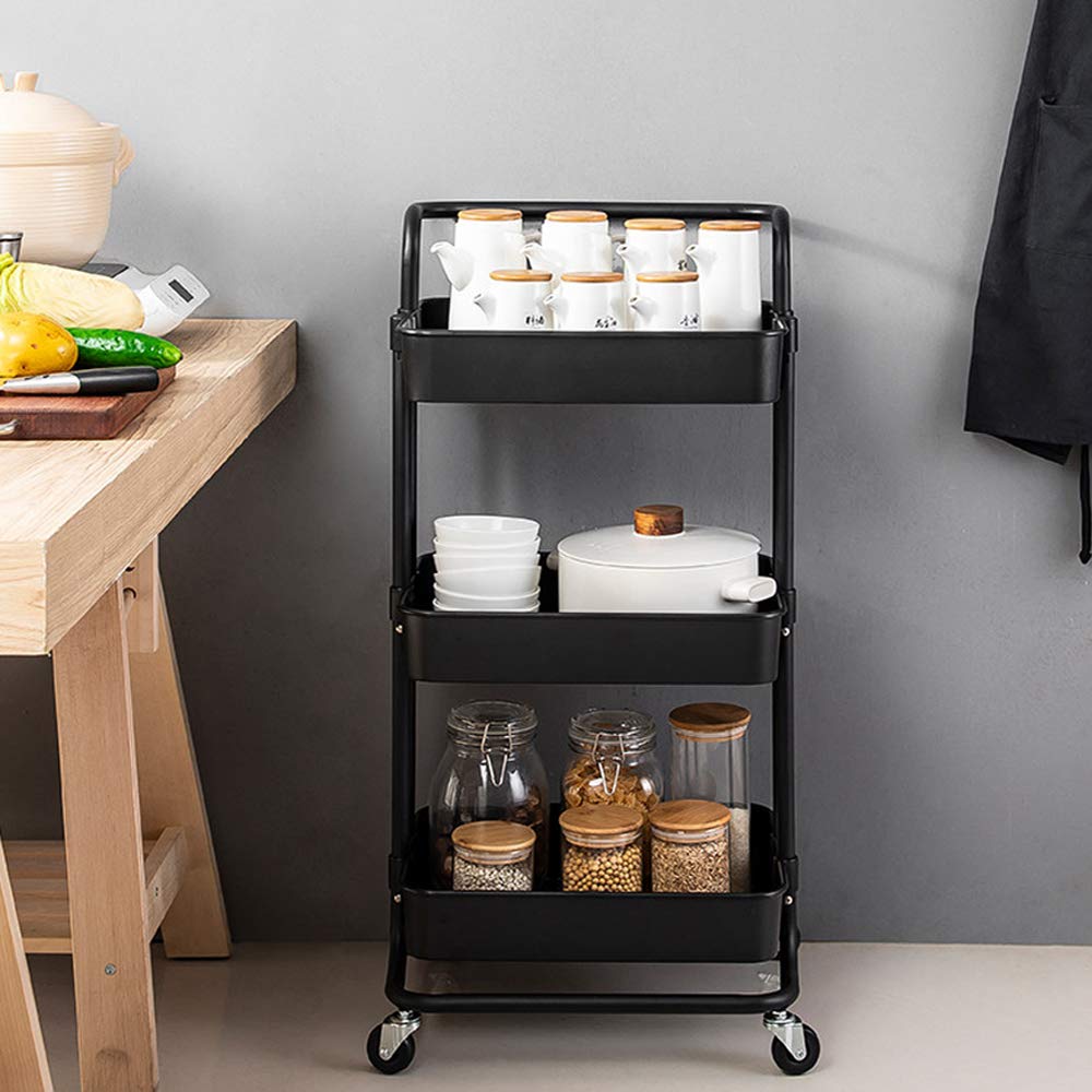 XGATML ALA7 3-Tier Rolling Utility Cart with Roller Wheels Service Cart with Handle Mobile Storage Organizer for Kitchen, Bathroom, Office, Coffee Bar(Black)