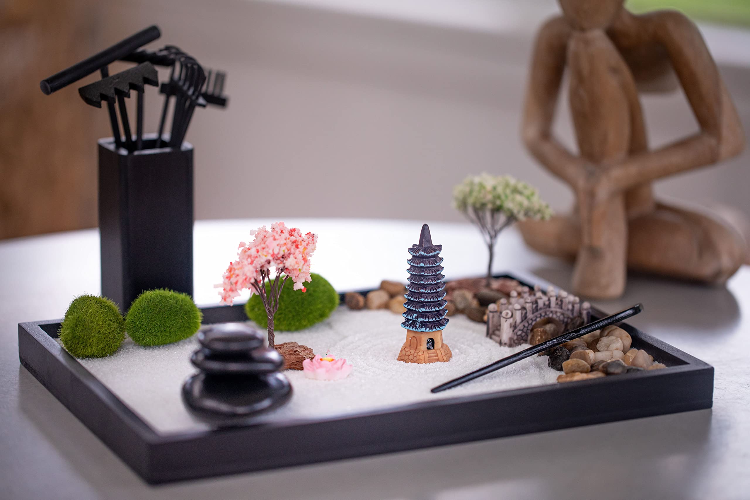Zen Garden for Desk – 21pc. Japanese Zen Sand Garden Kit for Home, Office Desktop, Beautiful Gift, Therapy, Meditation Mini Decor Set– 11x8in. Large Sand Tray, Rocks, Black Rake Tools & Accessories
