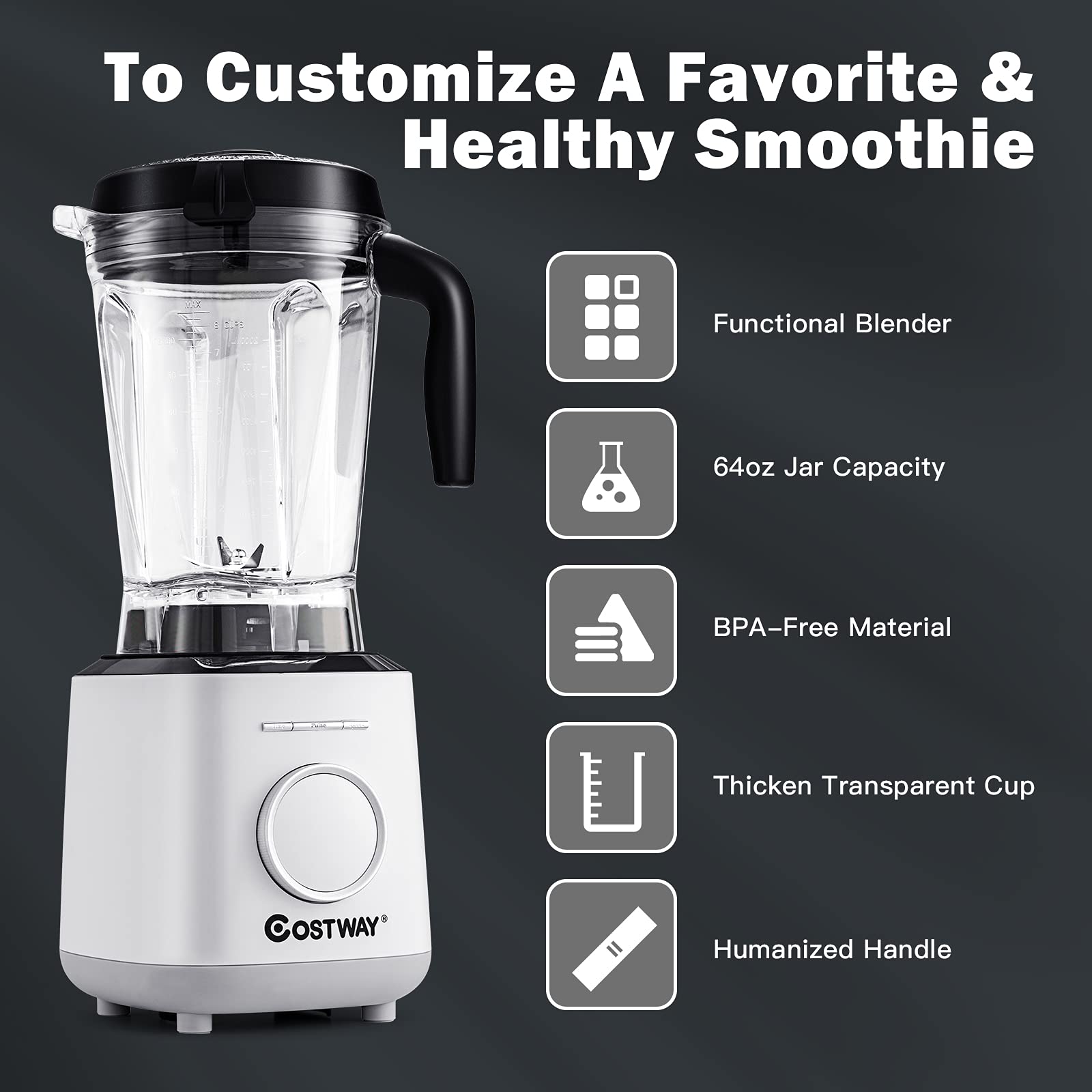 COSTWAY Professional Countertop Blender, 6 Pre-Setting Programs & 10 Speed Control, Smoothies Crushing Maker with 64oz Tritan BPA-Free Pitcher & Built-in Timer, Tamper, 1500W