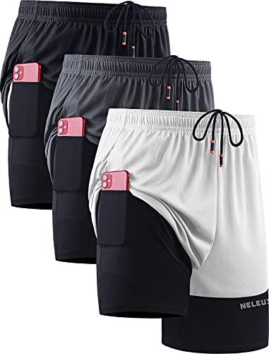 NELEUS Men's 2 in 1 Running Shorts with Liner,Dry Fit Mesh Gym Workout Shorts with Pockets,3 Pack,6094,Black/Grey/White,L