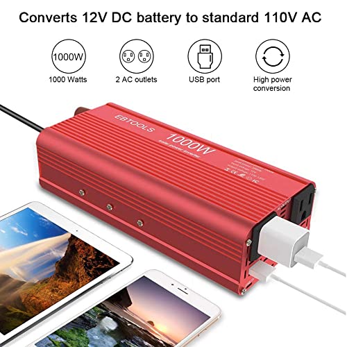 Duokon Inverter Adapter Power Converter, 1000W /2000W Inverter 12V DC to 110V AC Car Converter with 2 AC Out