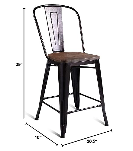 COSTWAY Tolix Style Dining Stools with Wood Seat and Backrest, Industrial Metal Counter Height Stool, Modern Kitchen Dining Bar Chairs Rustic, Copper