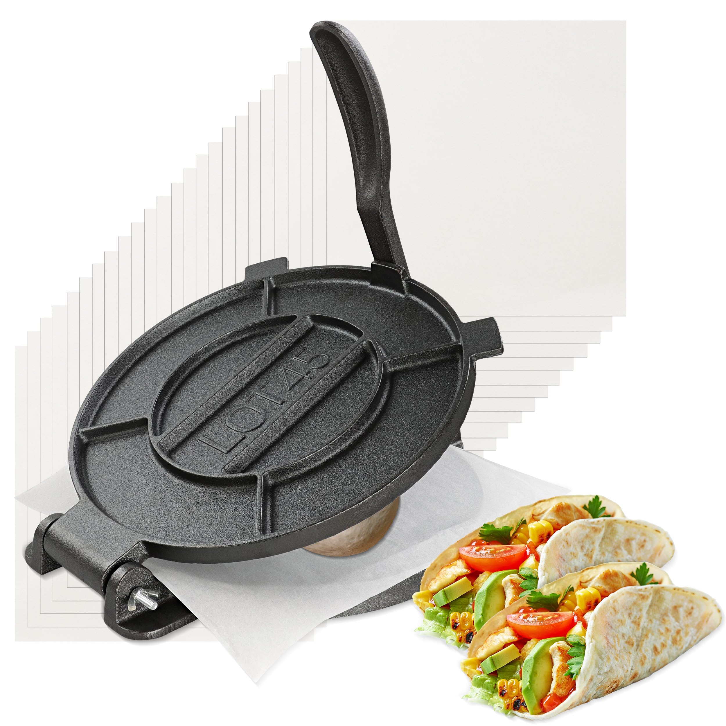 Lot45 Tortilla Press 12 inch - Cast Iron Manual Roti Maker Dough Press for Corn Tortillas, Tamales, Chapati, Naan Bread, Pizza Dough with 50 Parchment Paper Sheets