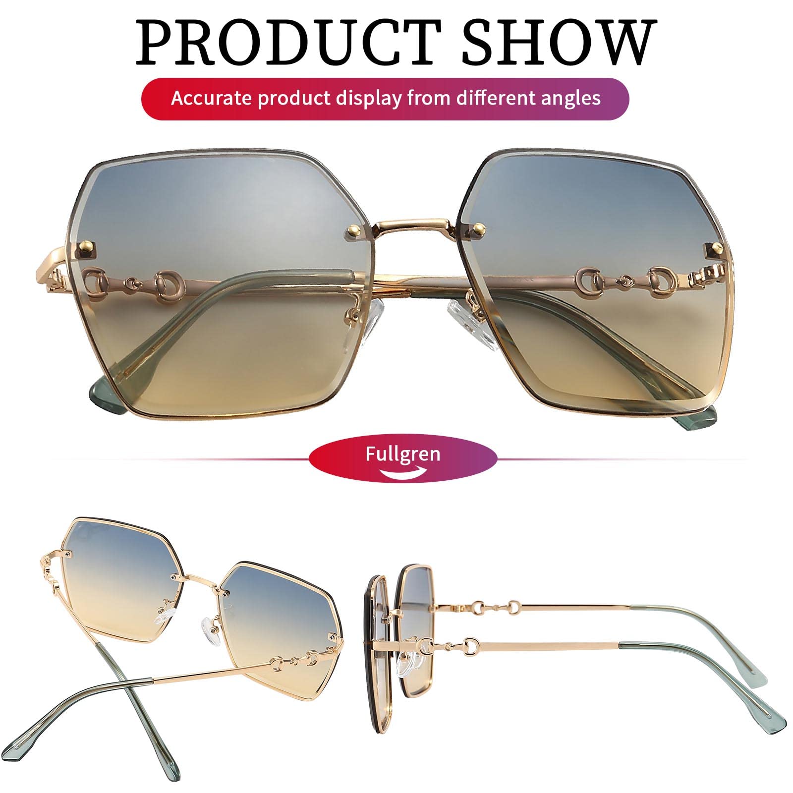 Fullgren Trendy Oversized Square Rimless Sunglasses for Women Men UV401 Metal Sun Glasses