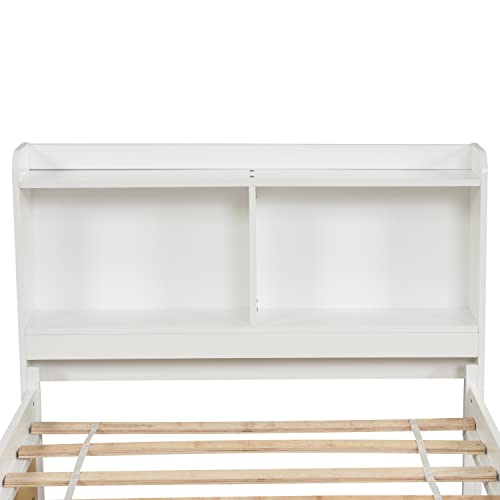 Twin Bed with Trundle, Twin Size Platform Bed with Bookcase Headboard and Pull Out Trundle Bed, Wooden Twin Bed Frame with Storage Shelves, No Box Spring Needed (Twin, White)
