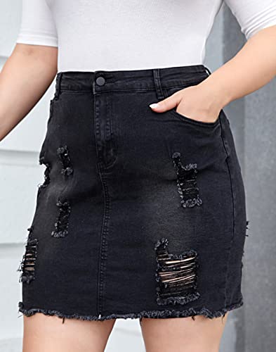 PYL Women Plus Size Distressed Jean Short Denim Skirt, Raw Hem Casual Bodycon Black