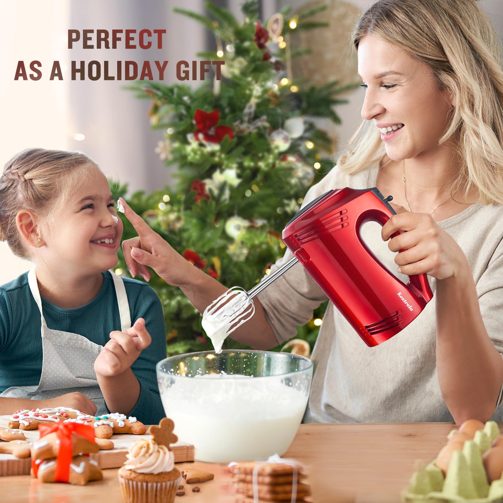 Kestreln Hand Mixer Electric Handheld with Flat Bottom, Portable Mixer for Kitchen Baking Cake, Powerful Mixing for Thicker Doughs with dough hooks