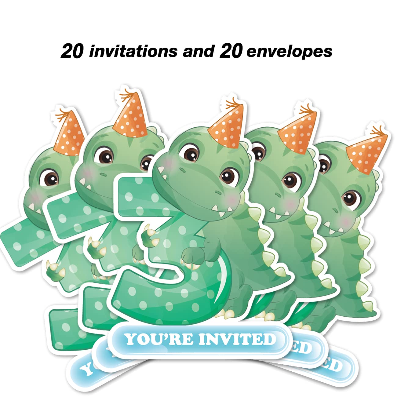 Opomzk Cute Dinosaur 3rd Party Invitations with Envelopes, 20 Set Dinosaur Three Shaped Invitations Third Birthday Kids Party Invites Supplies Favors, Double-Sided