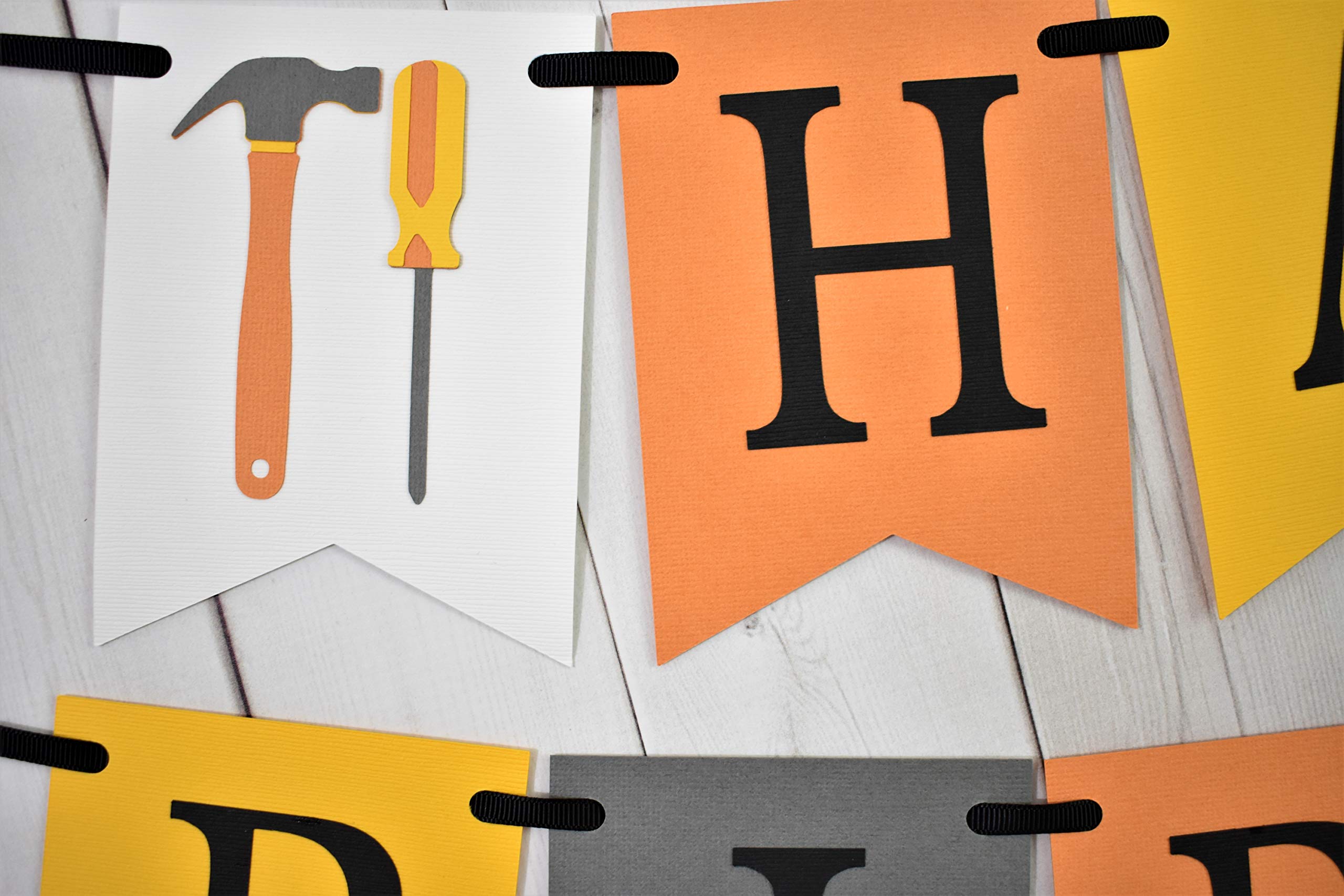 Construction Tools Happy Birthday Party Banner Sign Orange Yellow Grey
