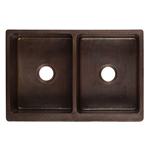 Premier Copper Products KA50DB33229S 33-Inch Hammered Copper Kitchen Apron 50/50 Double Basin Sink with Scroll Design, Oil Rubbed Bronze