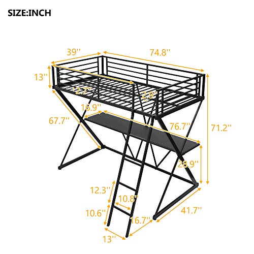 Twin Loft Bed with Desk, Loft Bed with Ladder and Full-Length Guardrails, X-Shaped Frame,Maximum Weight of 220 lb, Black(New)