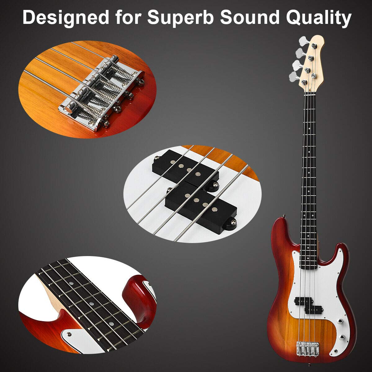 Costzon Full Size Electric 4 String Bass Guitar for Beginner Starter Complete Kit, Rose Fingerboard and Bridge, w/Two Pickups & Two Tone Control, Guitar Bag, Strap, Guitar Pick, Amp Cord (Black Bass)