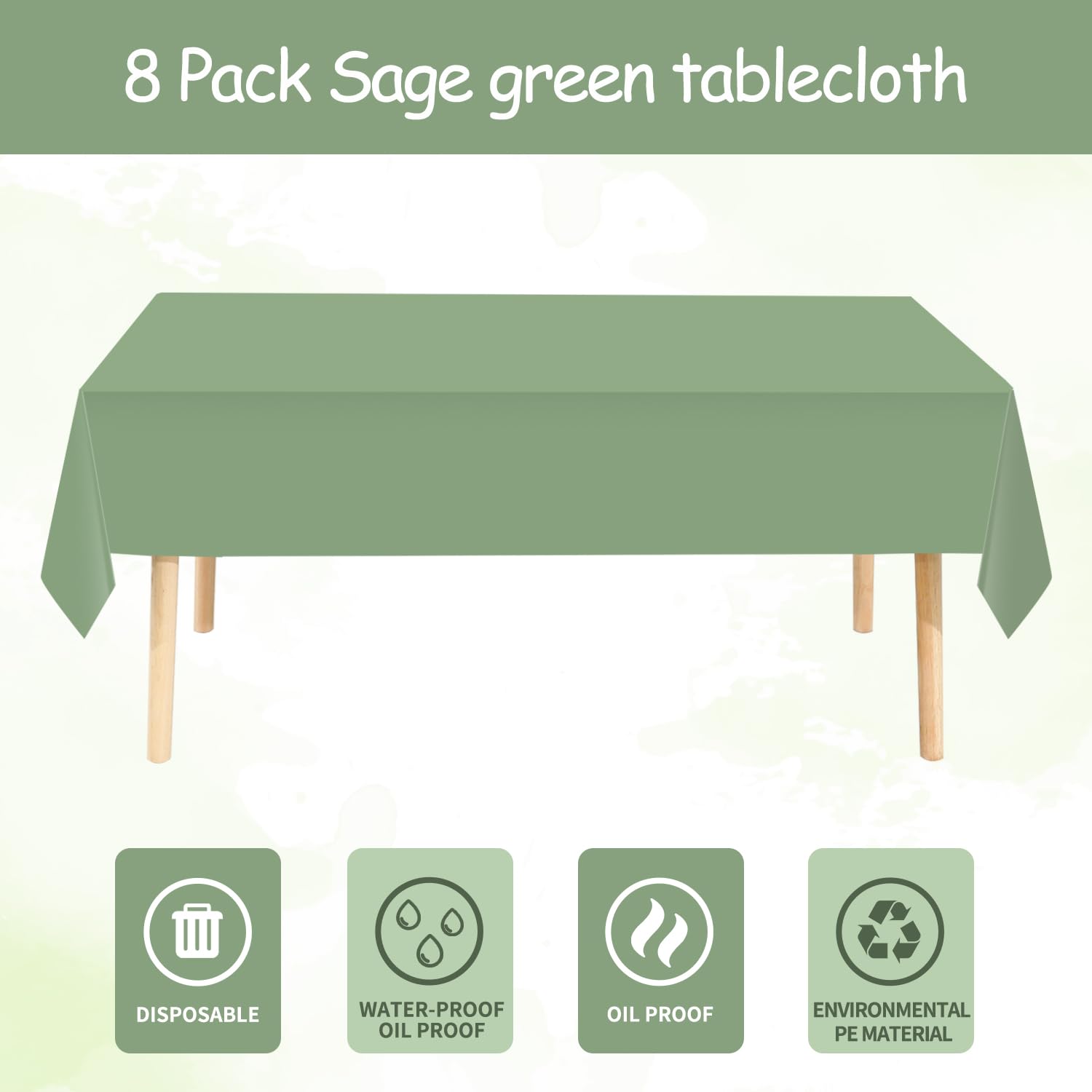 CXPSINC Sage Green Plastic Tablecloth Rectangle Plastic Table Cover 54 x 108 Inch Disposable Tablecloths for Birthday Party Wedding Baby Shower Dining Events (4 Pack)