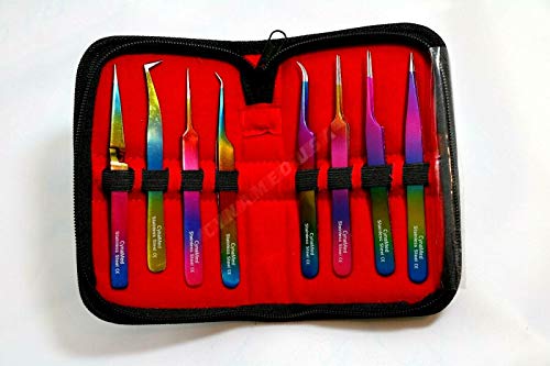 Cynamed-Set of 8 Piece German Stainless Steel Titanium Color Eyelash ExtensionTweezers