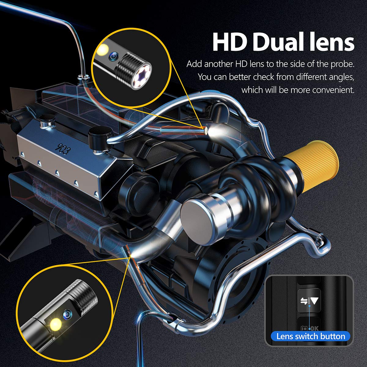 Dual Lens Endoscope,YINAMA 1080P Industrial Borescope 16.4FT Inspection Snake Camera with 32GB Card,Waterproof Semi-Rigid Cable,4.3 Inches Display Screen,6 LED Lights