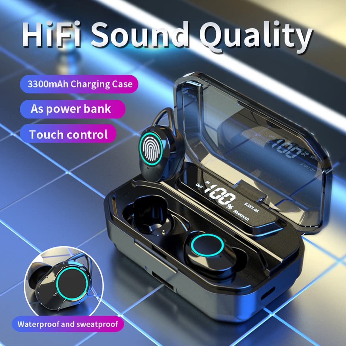 Soonic Android Earbuds, LED Display Wireless Noise Cancelling Earbuds, Compatible with Apple Android, Built-in Microphone, Sweat Resistant IPX7 Waterproof Earbud Bluetooth 5.0 3300 mAh case (G08-88)